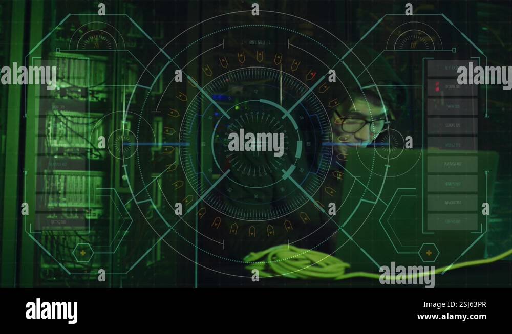Animation of scope scanning with data processing over asian male hacker ...