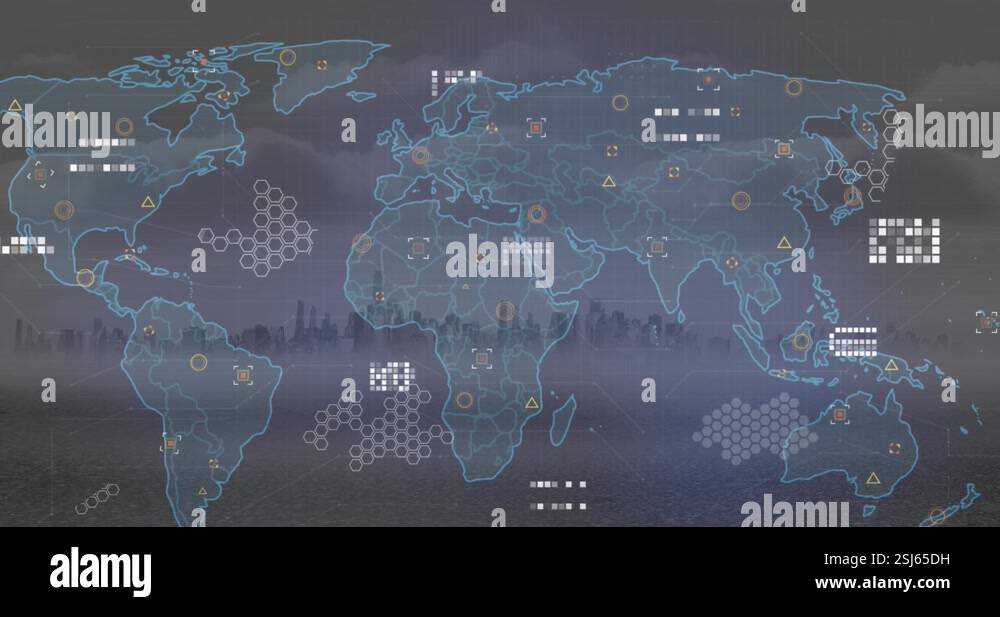 Animation of world map and data processing against aerial view of ...