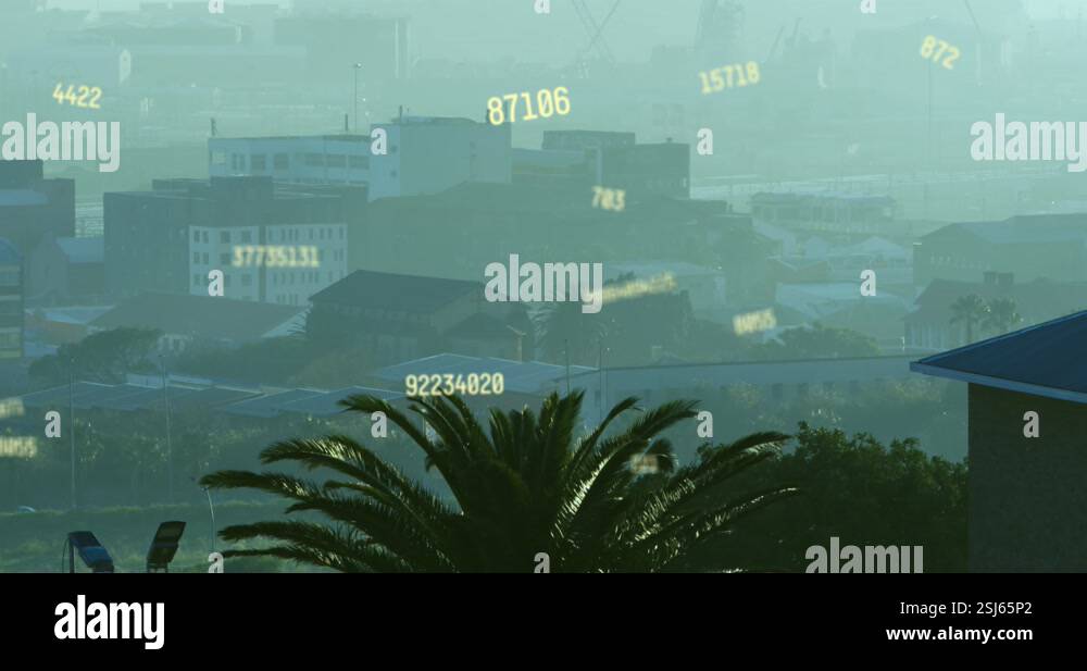 Animation of multiple changing numbers against aerial view of cityscape ...