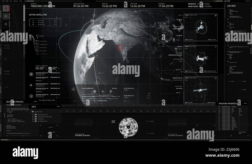 Global map examination system has located three satellite network ...