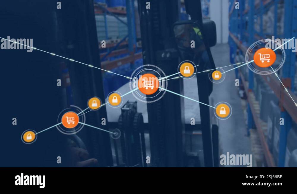 Animation of network of connections with icons over man working in warehouse Stock Video Footage ...