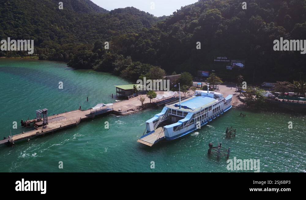 ferry docks at pier. Best aerial view flight Jetty ferry koh chang ...