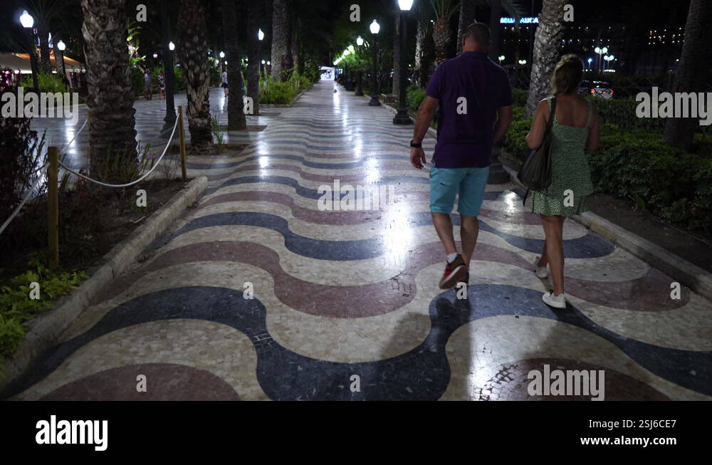 Alicante, Spain. People Walking on Esplanade Promenade at Night, Mosaic Stock Video Footage - Alamy