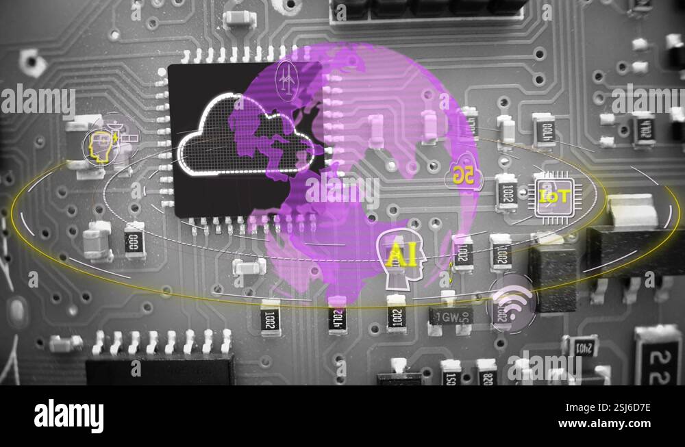 Cloud Computing On Computer Chip With Rotating Globe And Tech Icons. 3D ...