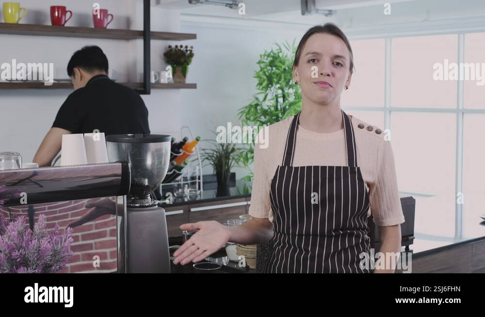 Coffee shop concept of 4k Resolution. The owner is presenting the ...