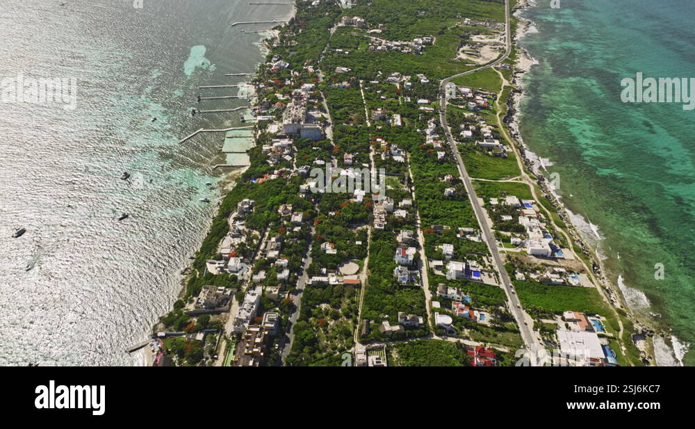 Isla Mujeres Mexico Aerial v1 birds eye view of a island located off ...