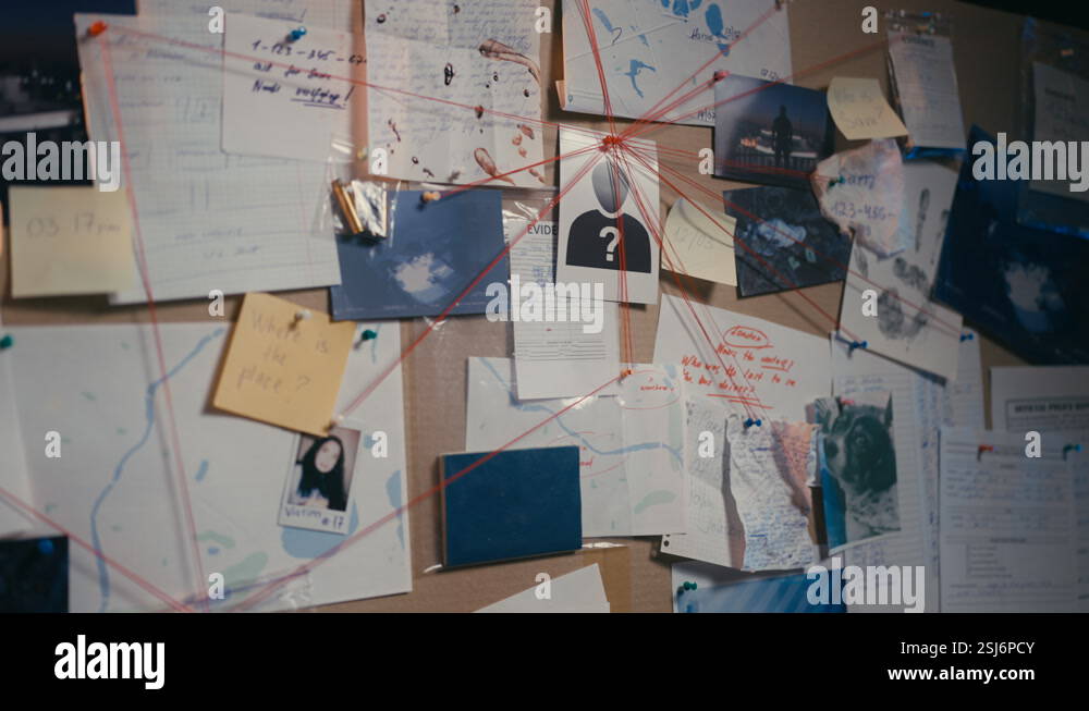 Investigation board with crime scene photos, trying to solve crime ...
