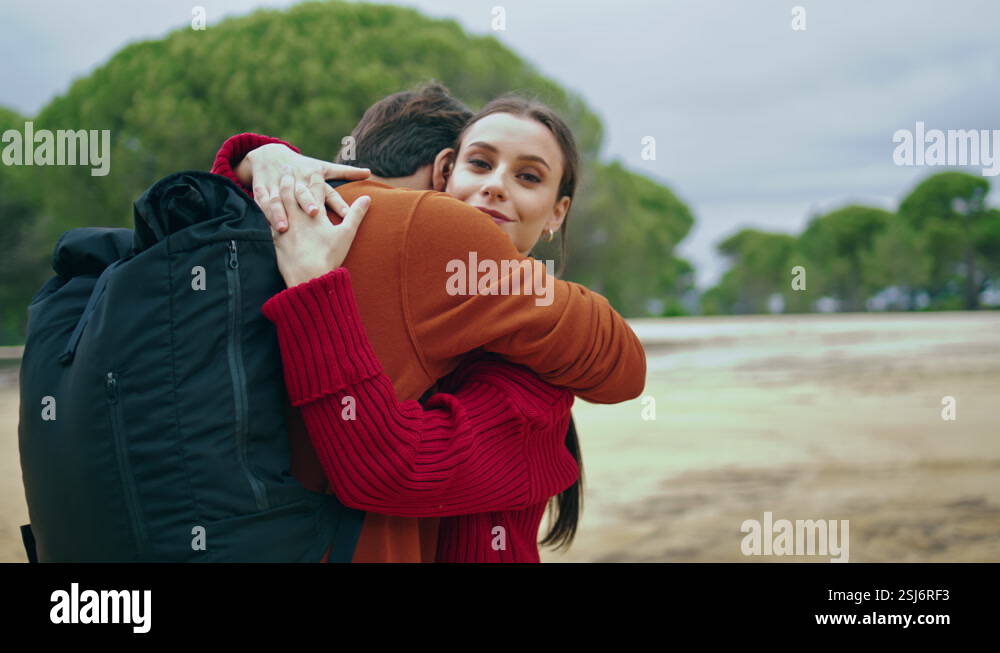 Happy family embracing nature enjoy closeness close up. Tourists ...
