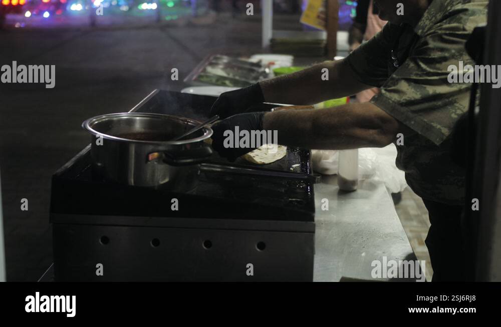 Chef cooking Half bread meat meatball sandwich on the hands on a man ...