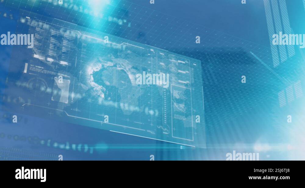 Animation of interface with data processing and blue light spot against ...