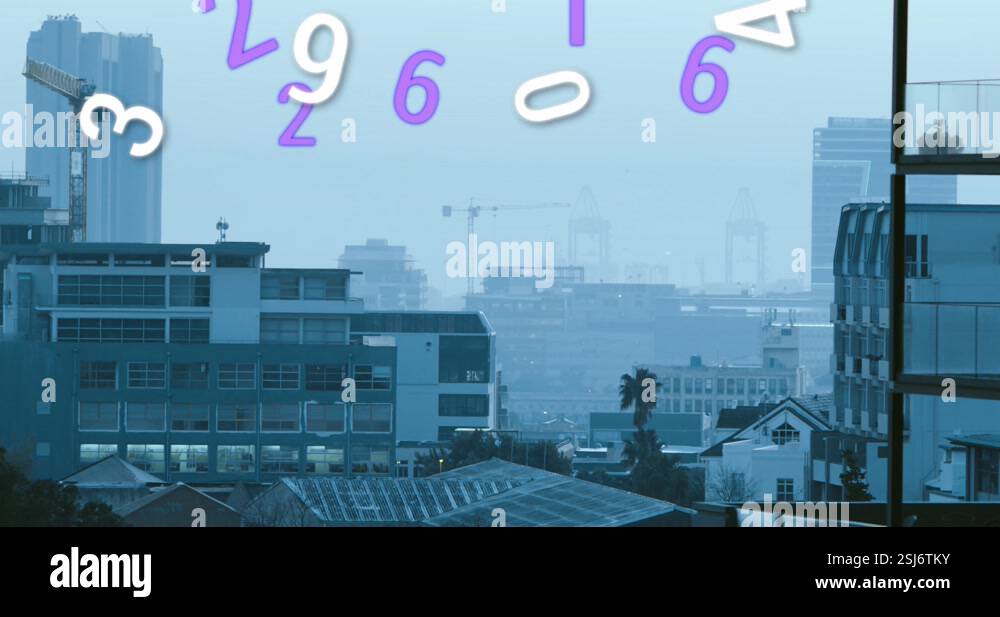 Animation of multiple changing numbers floating against aerial view of ...