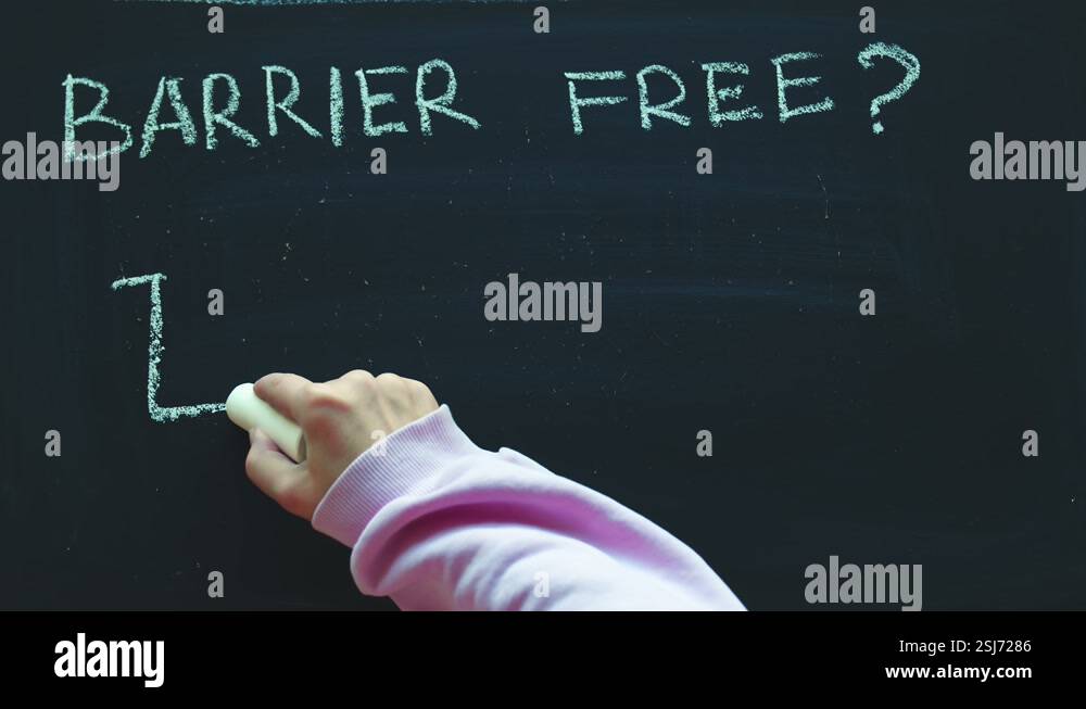 Hand drawing a words barrier free with a question mark and a disabled ...