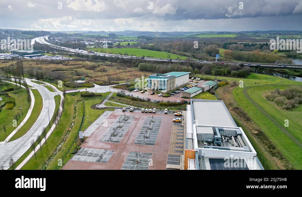 Aerial cinematic footage of commercial complex, trading estates in the ...