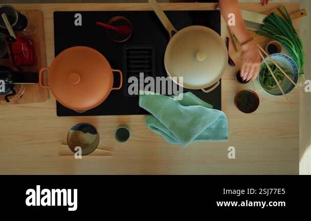 Top down table view of modern cooktop, induction stove with built in ...