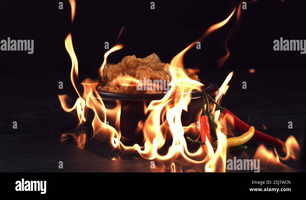 Potato Chips spicy with fire.Baking Crispy Chips Over an Open Fire, the ...