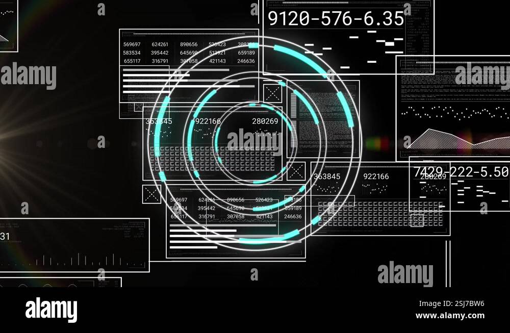 Animation of interfaces with data processing against neon round scanner and lens Stock Video ...