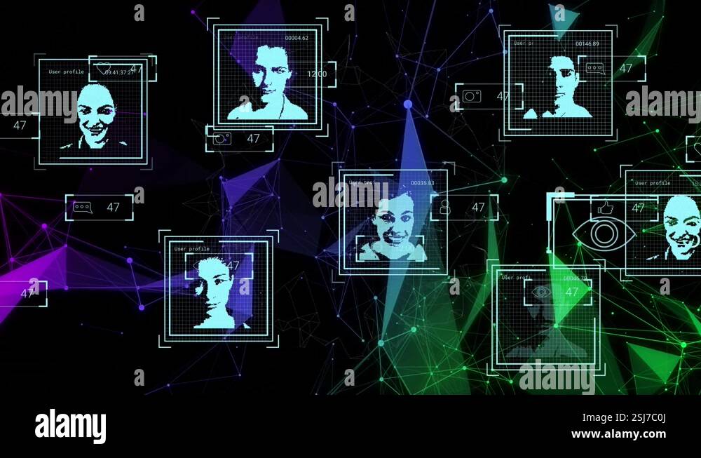 Animation of multiple profile icons and plexus networks against black background Stock Video ...