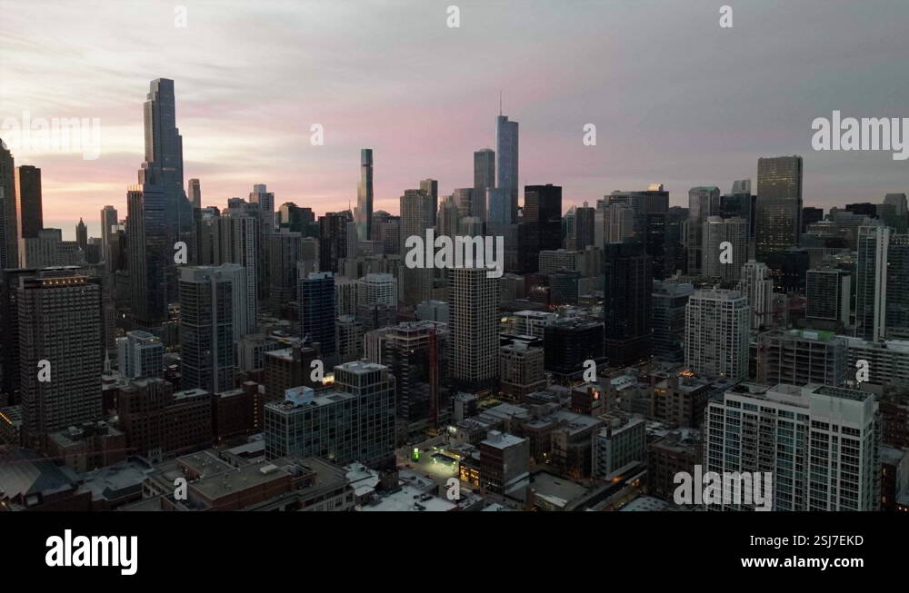 Aerial view over the Near north side cityscape, sunrise in Chicago ...