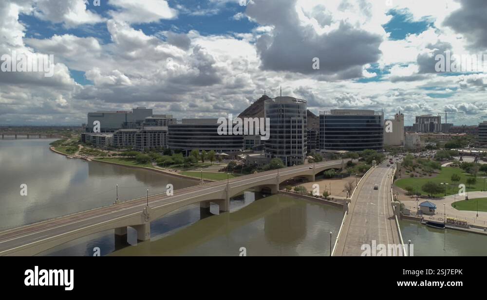 Downtown of Tempe in Arizona, America, hyperlapse over river on a ...
