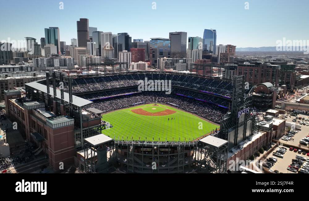 Coors Field in Denver Colorado, Rockies field. Drone pullback view ...