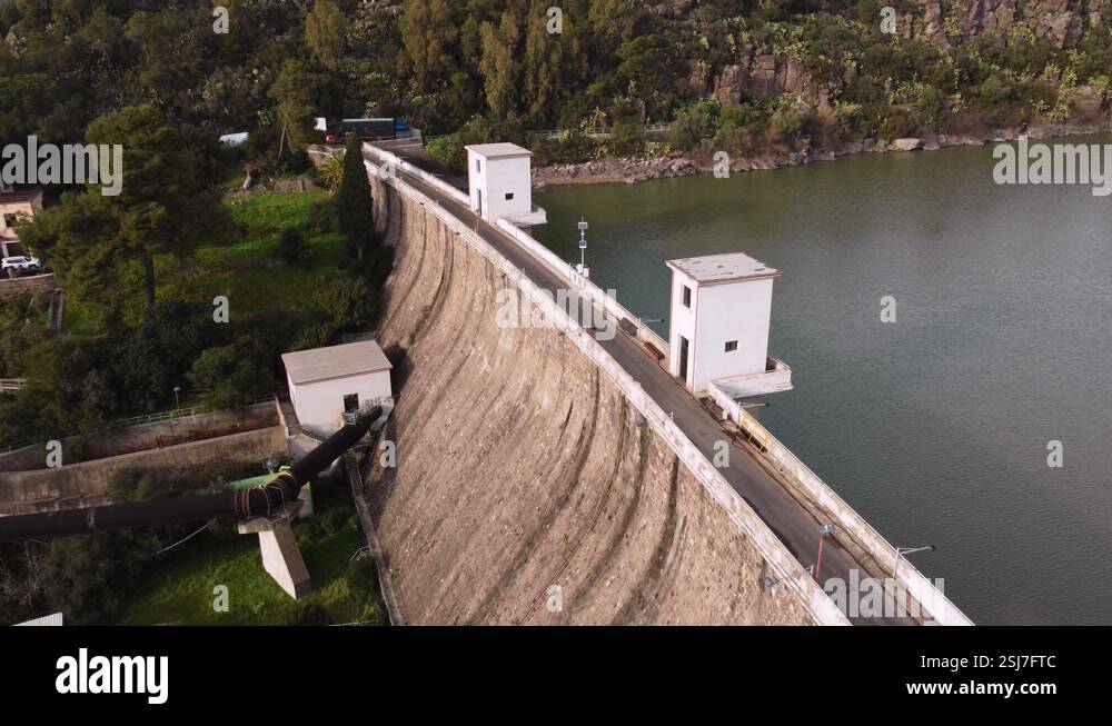 Water reservoir dam in South Sardinia, Tratalias, establisher shot ...