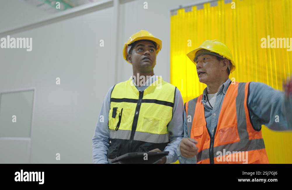 Factory workers walking, holding tablet and radio talking and disussing ...