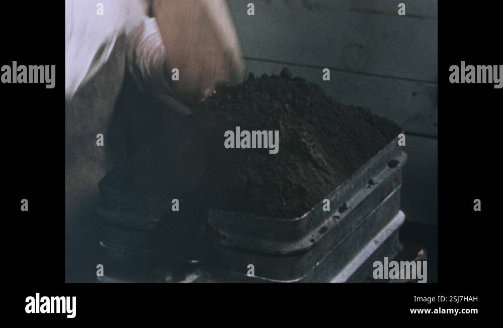 1950s: Workshop, man shovels material into metal tray, uses wooden ...
