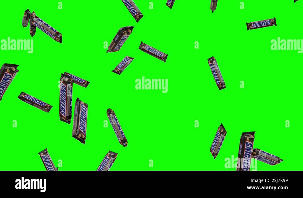 Bunch of Snickers chocolate bars packets Falling on 4K Green Screen ...