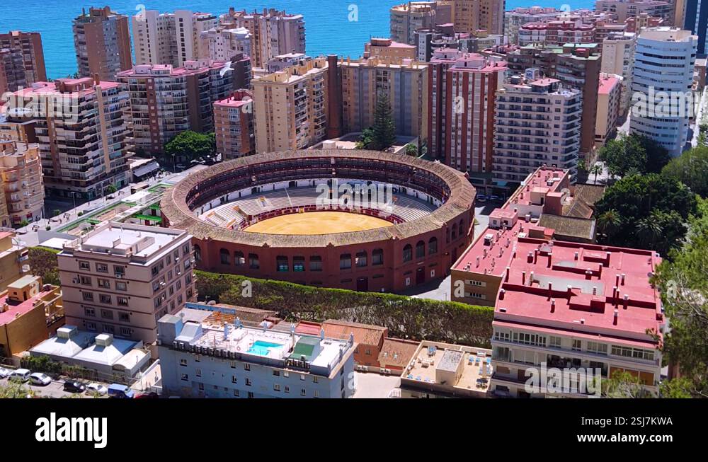 Malaga bullring from above. 4K view into the Plaza De Toros la ...