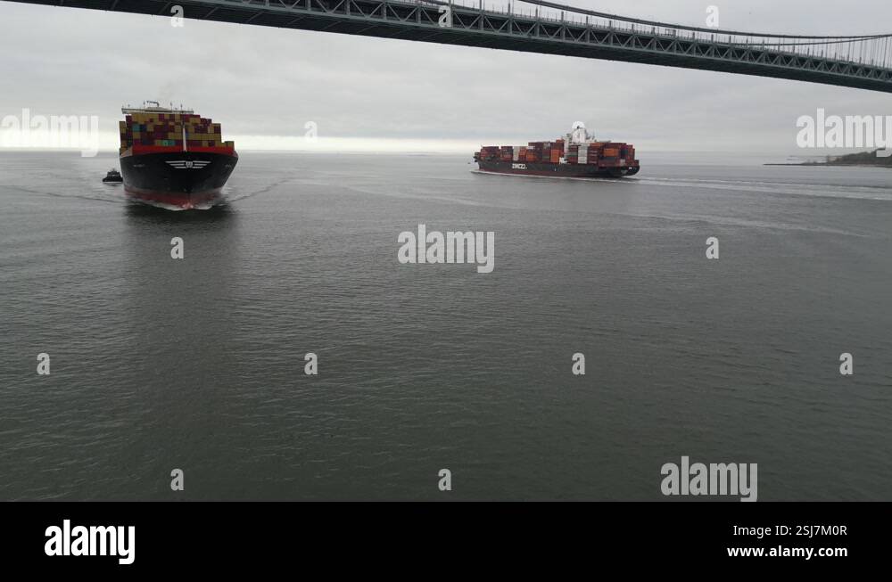 A low altitude view of two cargo ships transporting goods under the ...