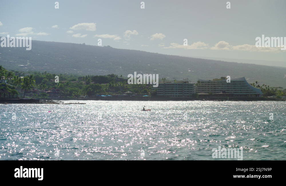 Kayaker Paddling Out Of Kona Bay Coast In Hawaii At Sunset, 4K Slow ...
