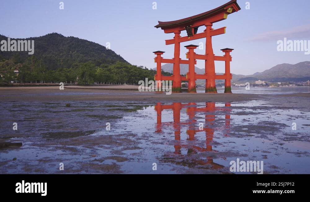 Itsukushima Shrine Torii Gate Standing on Beach at Low Tide on Miyajima ...