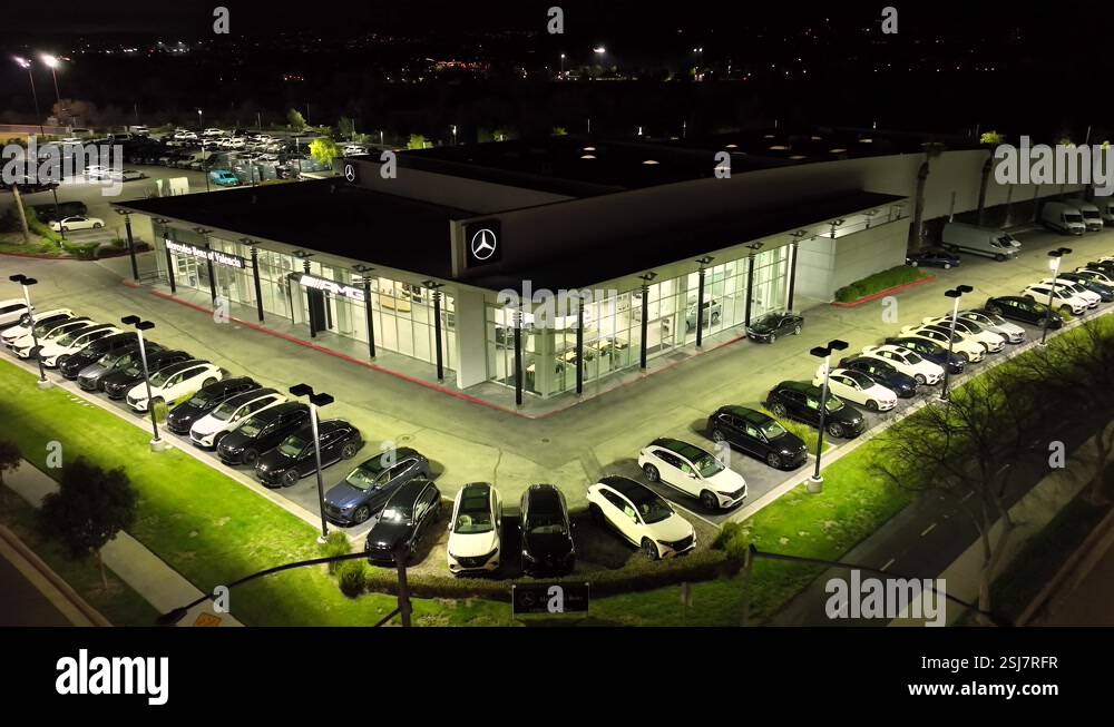 Mercedes Benz car dealership in Valencia, California - nighttime aerial ...