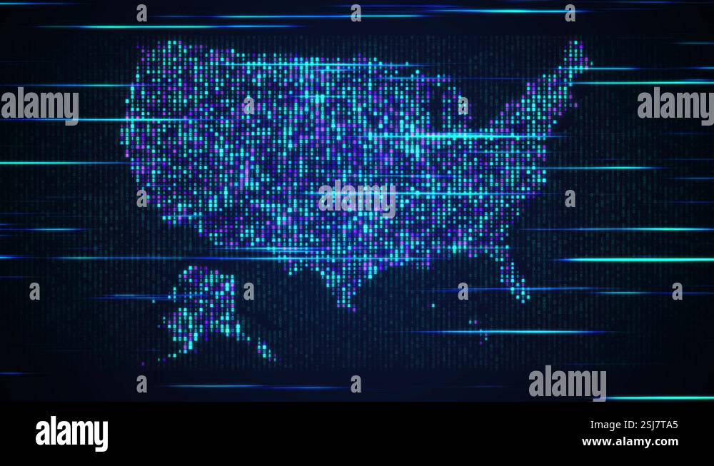 Blue Purple Binary Digital Mosaic Grid Map Of USA Perspective Light ...