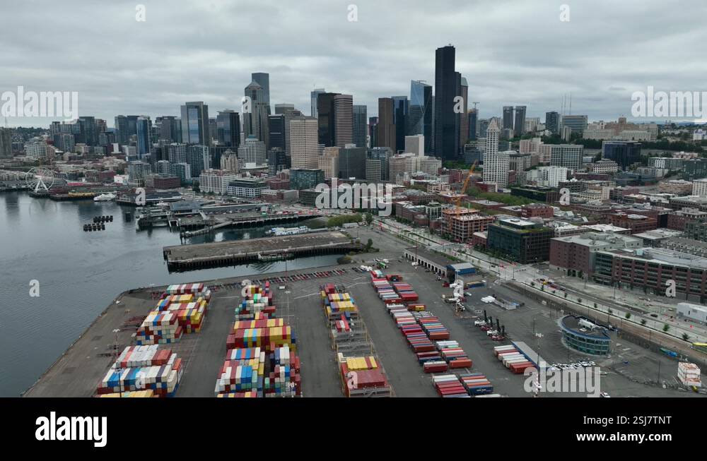 Aerial view of Seattle's shipyard with the city skyline in the backdrop ...