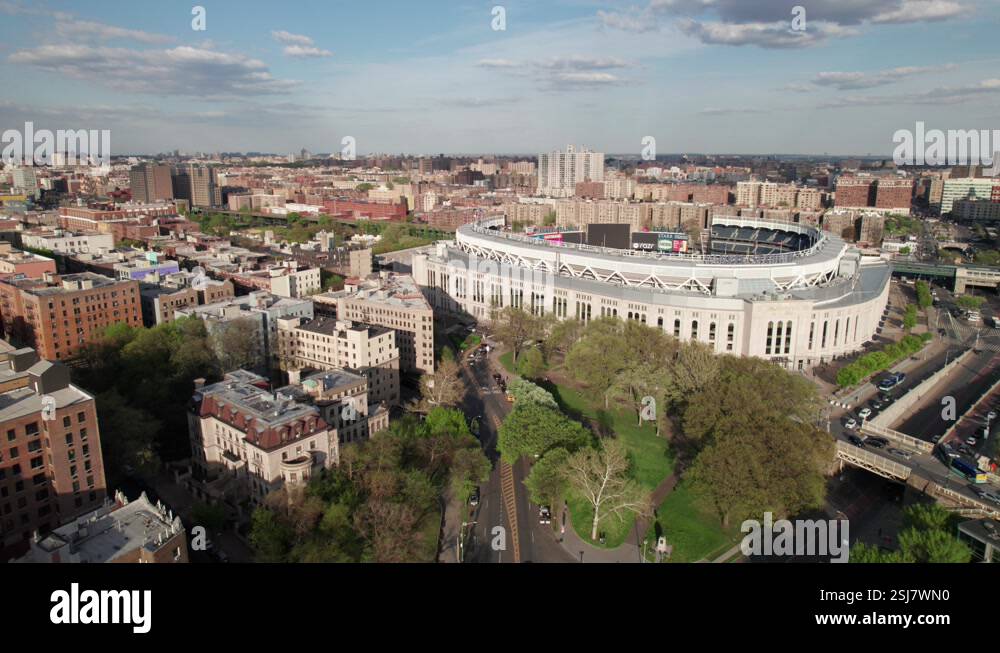 Skyline shot of the Bronx, with Yankee Stadium. Long smooth drone clip ...