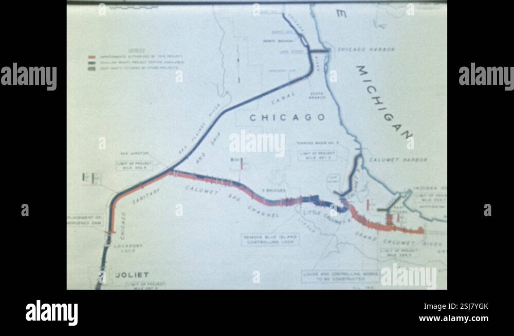1950s: Map of waterway around Chicago leading to Lake Michigan. Close ...