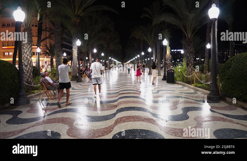 Alicante, Spain. Esplanade Promenade at Night, People Walking Mosaic Stock Video Footage - Alamy