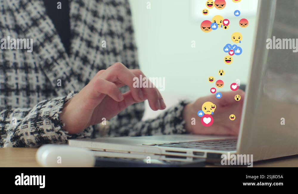Woman uses laptop computer, types chat messages. 3D emoji, meme icons ...