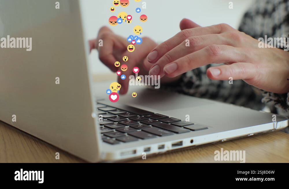 Woman uses laptop computer, types chat messages. 3D emoji, meme icons ...