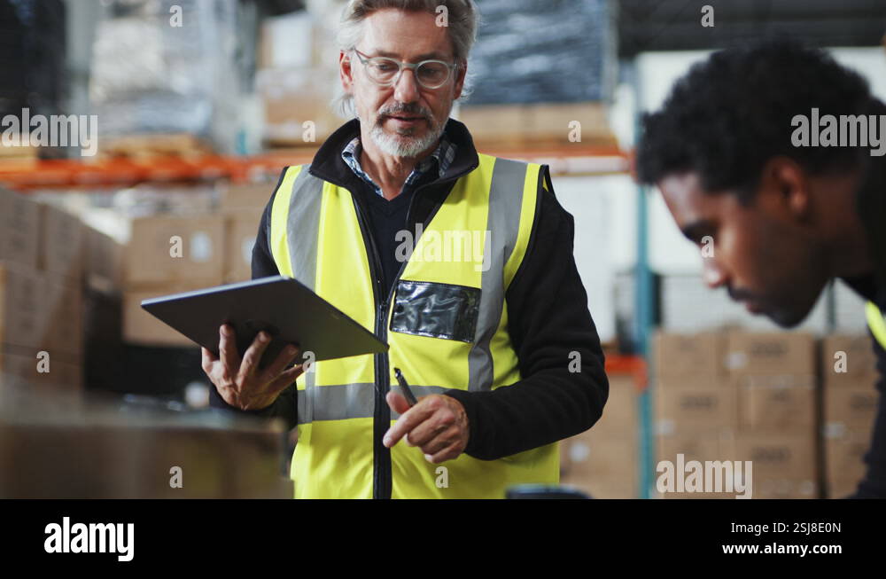 Two warehouse workers scanning SKU's into a warehouse management system ...