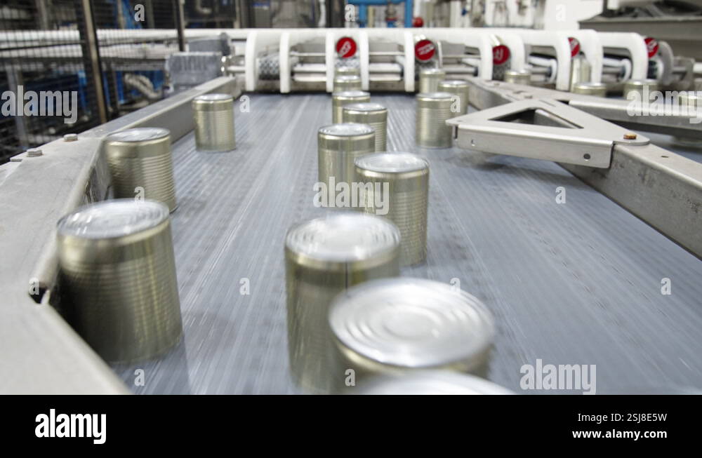 Green peas in cans on a conveyor belt in a canned food production ...