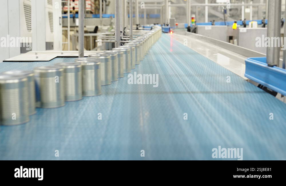 Green peas in cans on a conveyor belt in a canned food production ...