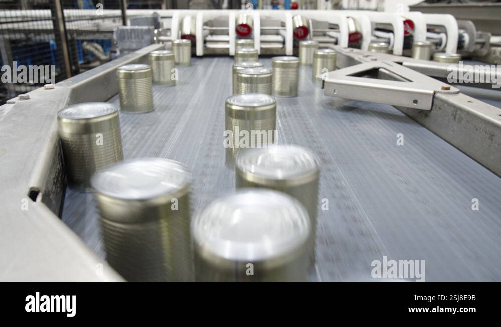 Green peas in cans on a conveyor belt in a canned food production ...
