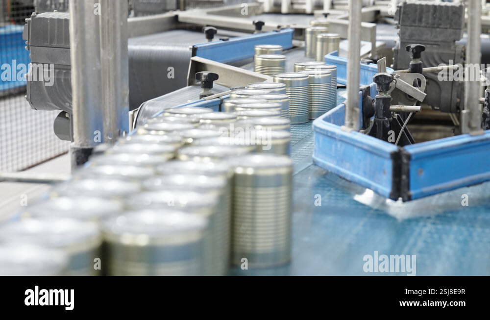 Green peas in cans on a conveyor belt in a canned food production ...