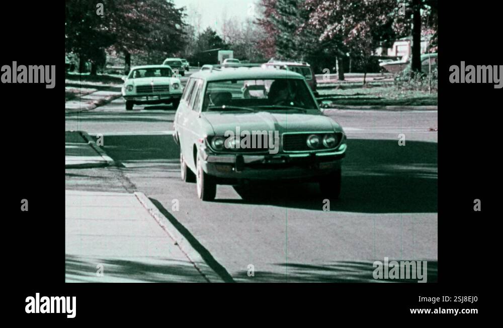 1970s: Still image, girl exiting car. Car pulls up to street, girl ...