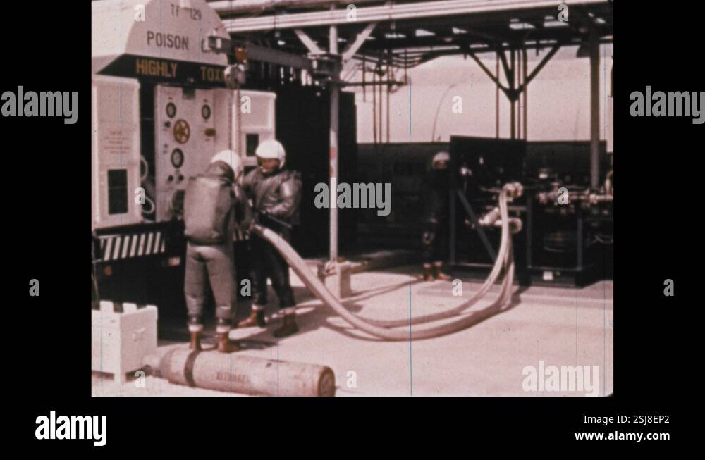 1970s: Astronauts check tubes and controls of machine. Rocket launches ...