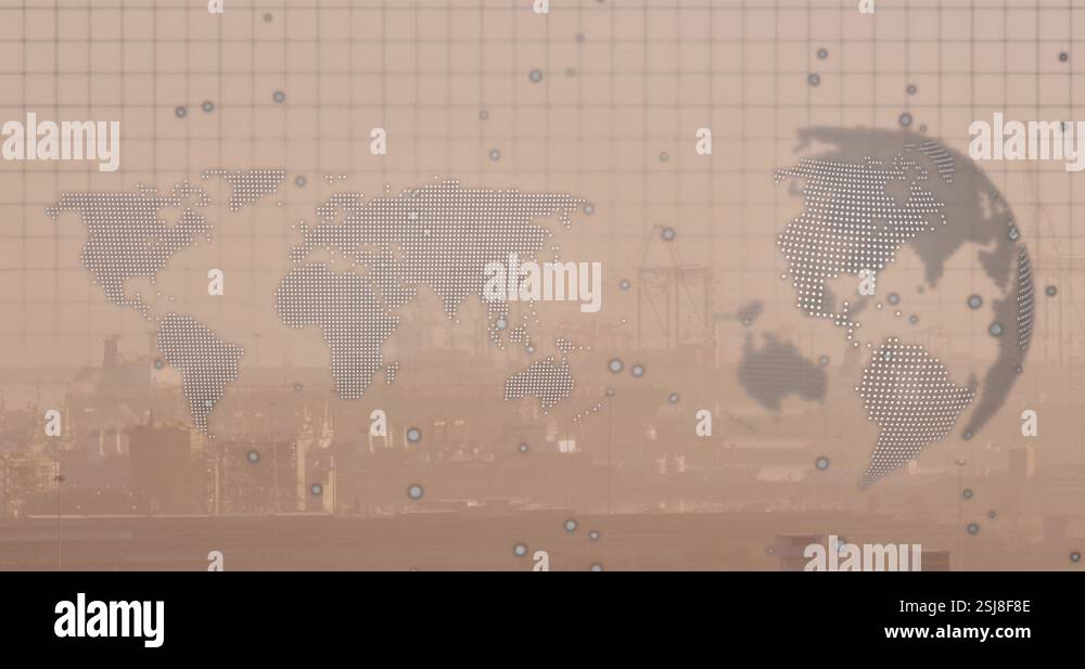 Animation of world map, spinning globe and data processing against ...