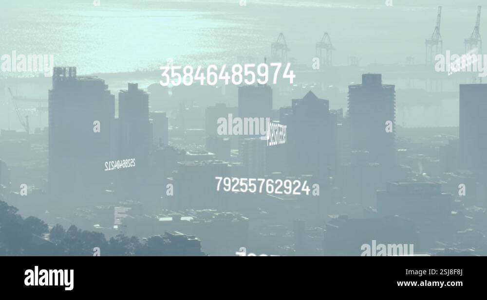 Animation of multiple changing numbers against aerial view of cityscape ...
