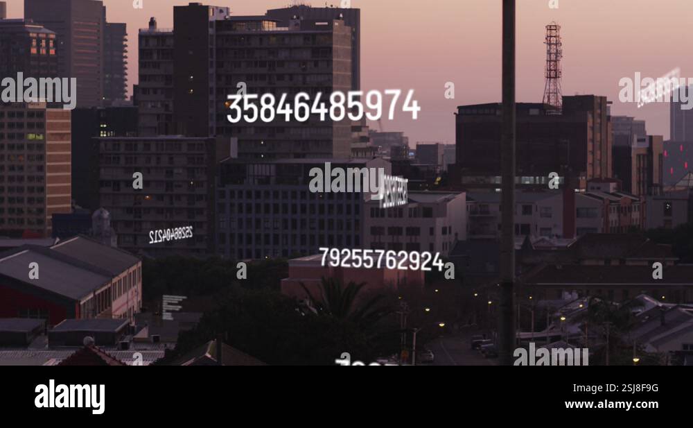 Animation of multiple changing numbers against aerial view of cityscape ...